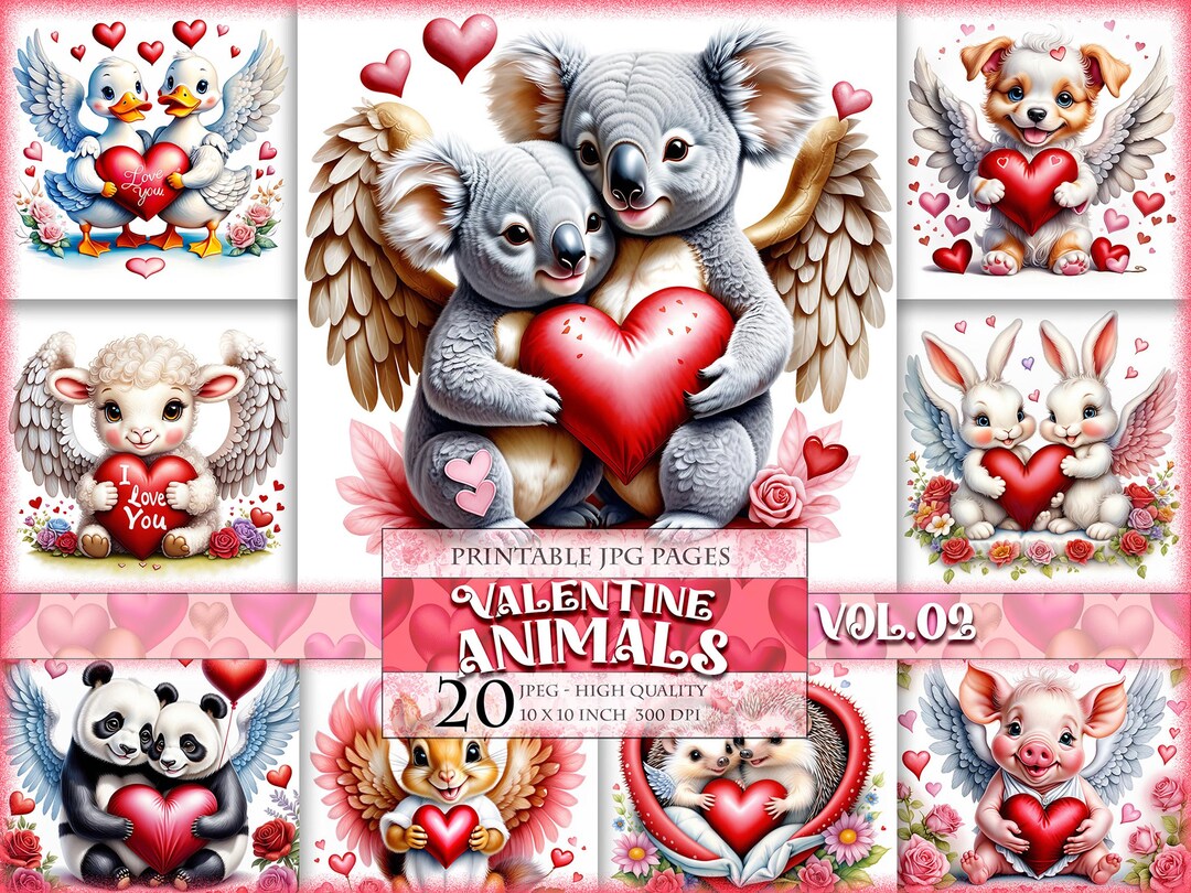 Valentine Animals Vol.02, Printable Digital Pages, Collage Sheets, HQ ...