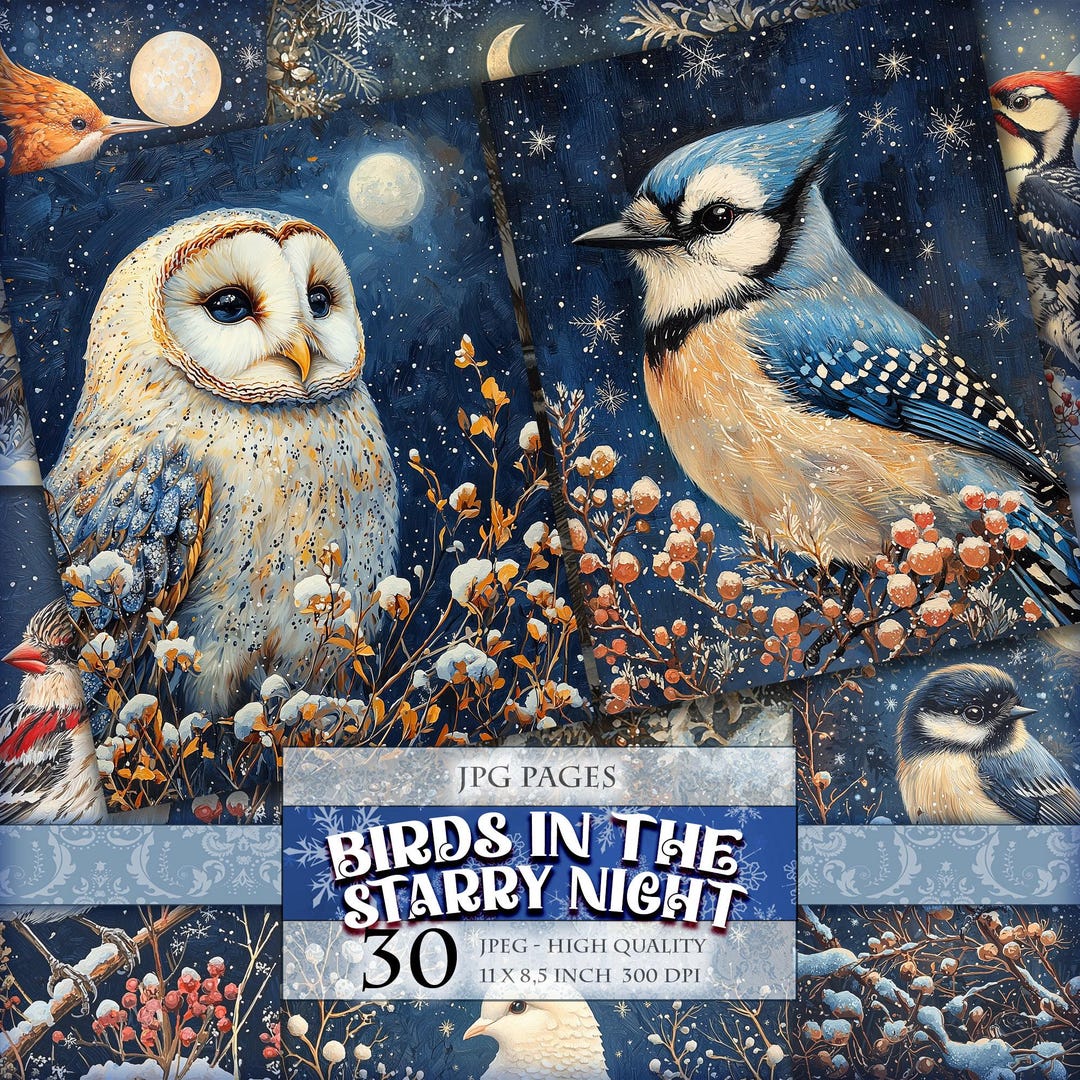 Birds in the Starry Night, Printable 30 JPG Image for Junk Journal ...