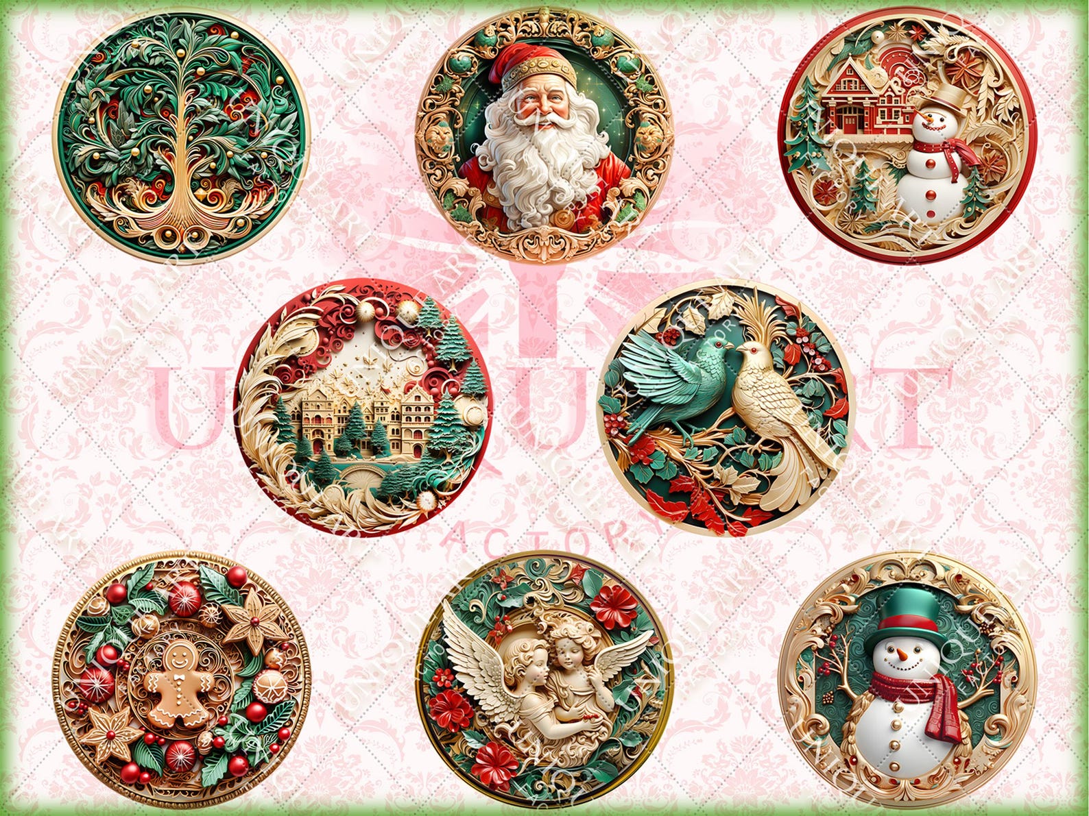 3D Christmas Round Ornaments, Gold-red-green, Round Clipart Bundle, 25 ...