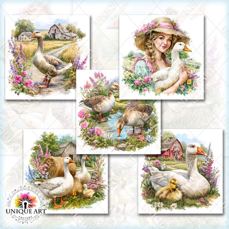Spring Farm Geese, Printable 30 JPG Image, Cottagecore Goose in Floral ...