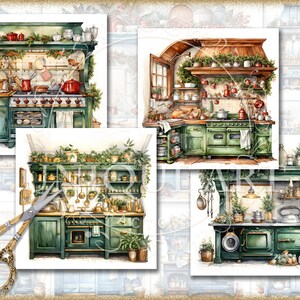 Rustic Green Kitchens, Watercolor Printable Pages, Digital Collage ...
