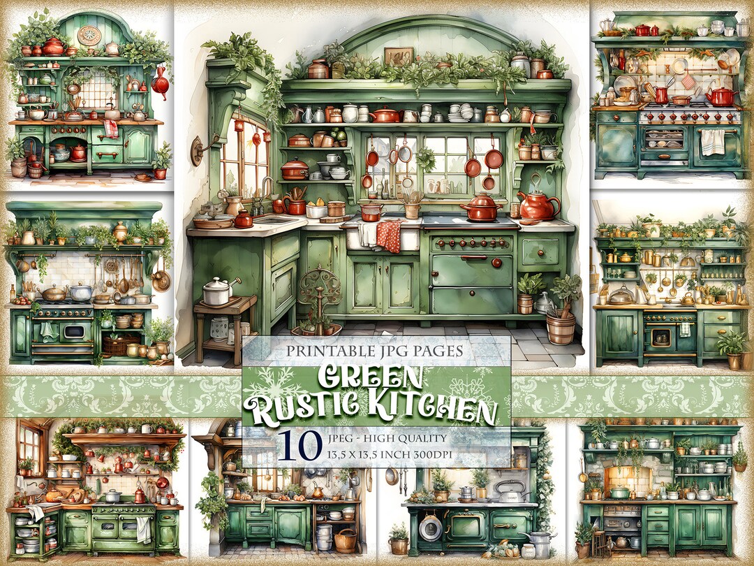 Rustic Green Kitchens, Watercolor Printable Pages, Digital Collage ...