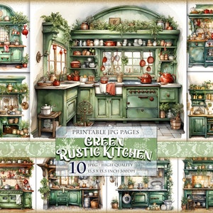 Rustic Green Kitchens, Watercolor Printable Pages, Digital Collage ...