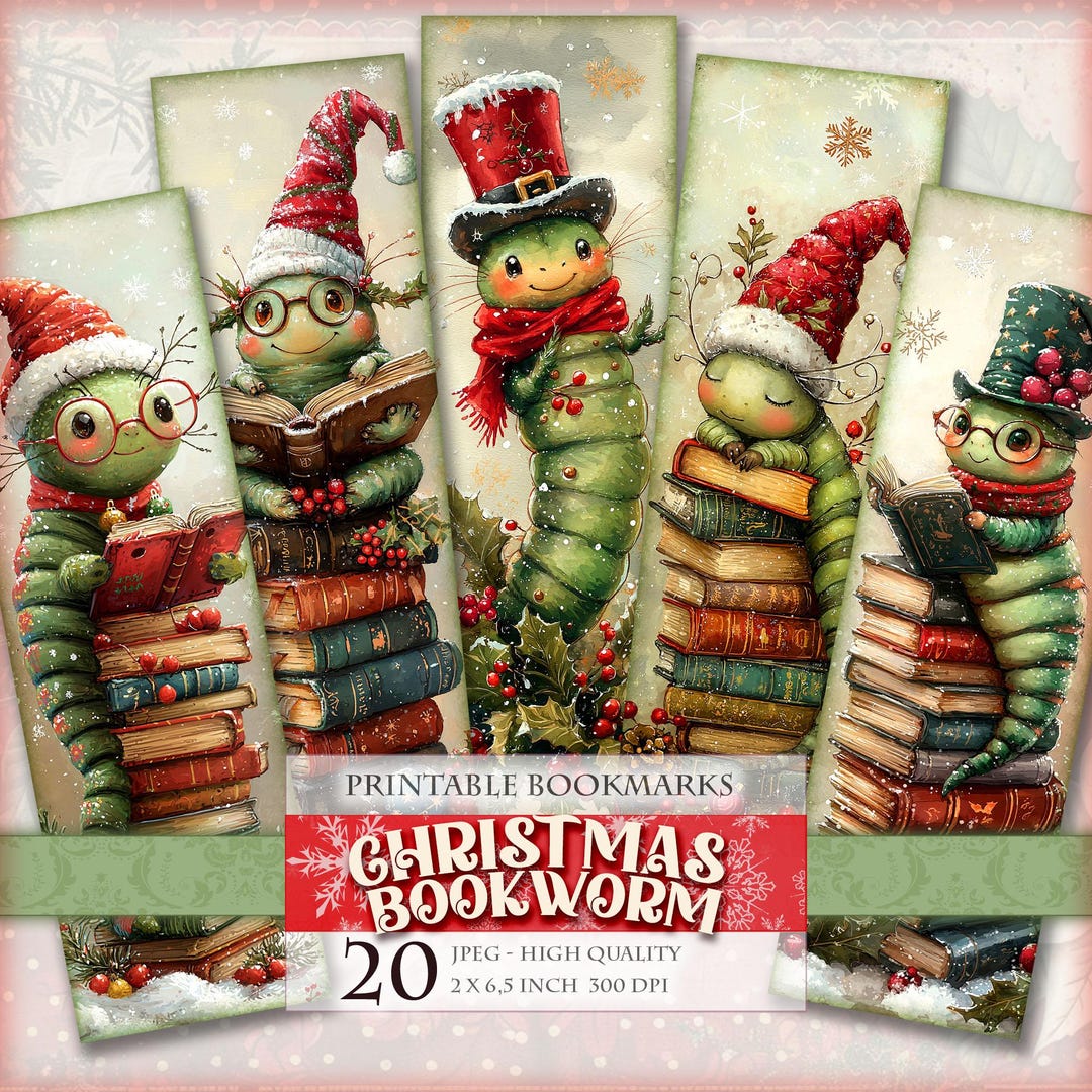 Christmas Bookworm Bookmarks, 2x6,5 Inch 20 Bookmarks in 4 Printable ...