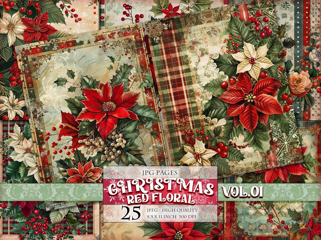 Christmas Red Floral Background Vol.01, Printable Scrapbook Pages ...