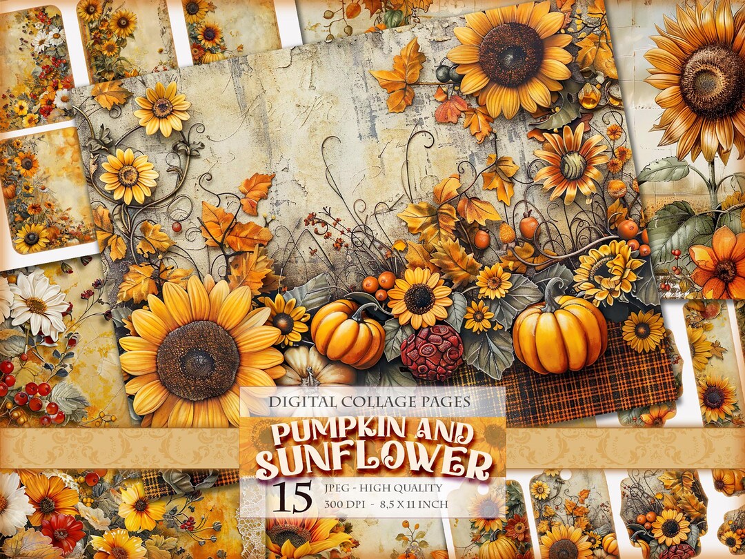 Pumpkin and Sunflower Scrapbook Kit, Watercolor Autumn Digital Pages ...