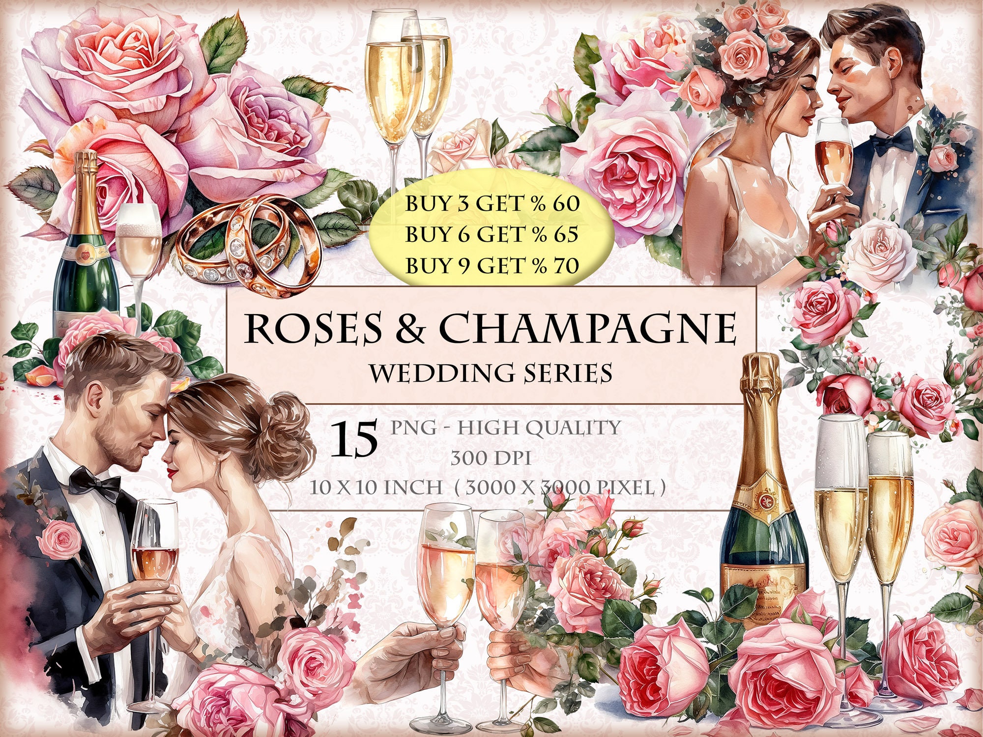 Roses and Champagne Wedding Invitation Series Watercolor - Etsy