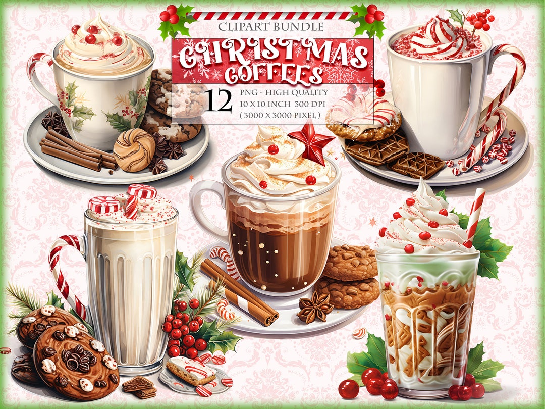 Christmas Coffees, Watercolor Clipart Bundle, HQ Printable, PNG Format ...