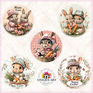 Easter Bunny and Carrot, Printable 15 PNG Round Clipart, Scrapbook ...