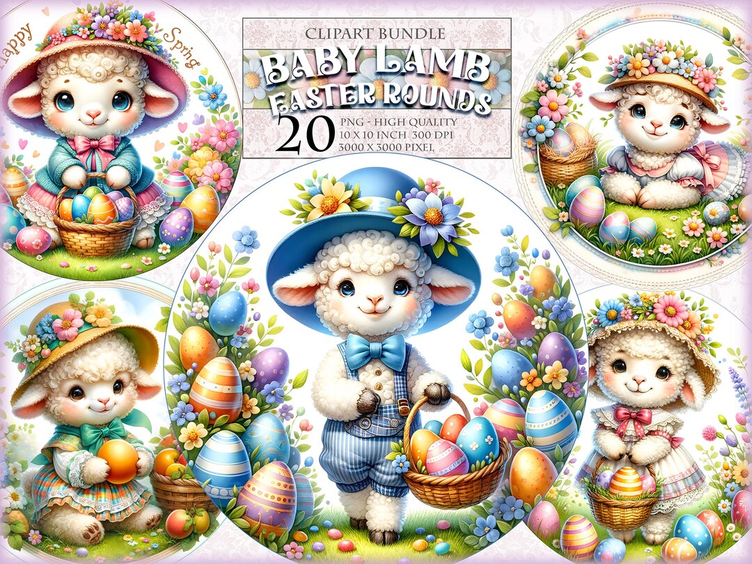 Baby Lamb Easter Rounds, Printable HQ 20 Image, Watercolor Clipart ...