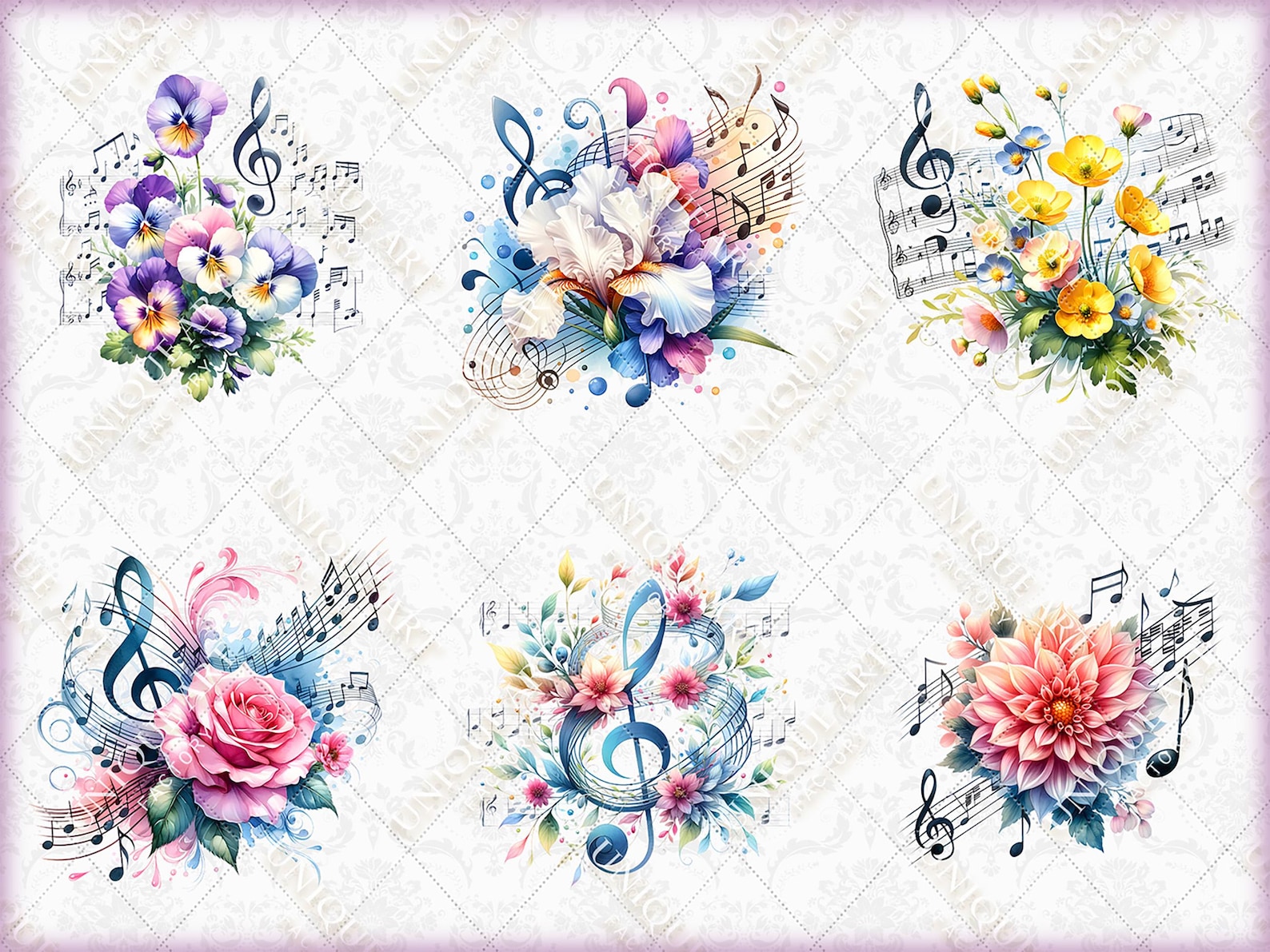 Floral Music Notes, Watercolor Clipart Bundle, 21 HQ Printable Image ...