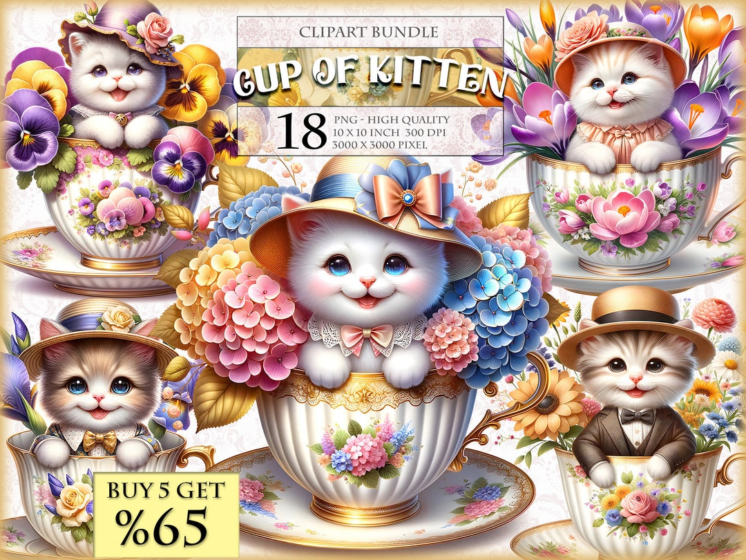 Cup of Kitten, Floral Tea Cup and Cats, Watercolor Clipart Bundle, 18 ...