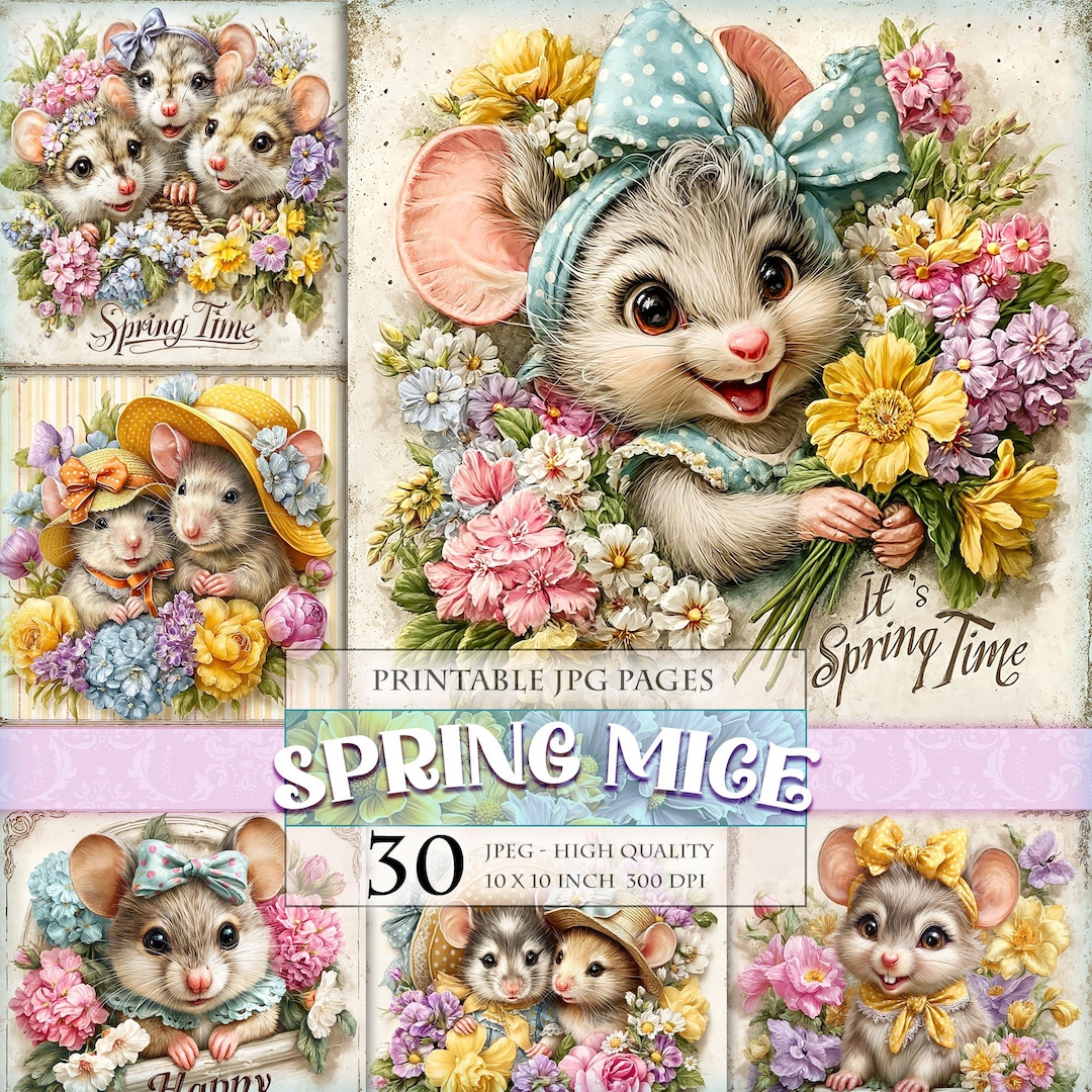 Spring Mice, Printable 30 JPG Image, Floral Junk Journal Clipart ...