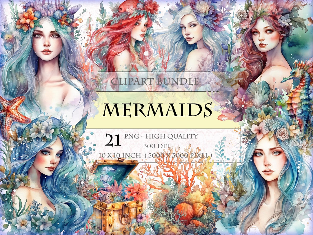 Elegant Mermaids Magical Sea Maiden Sea Princess Watercolor Clipart HQ ...