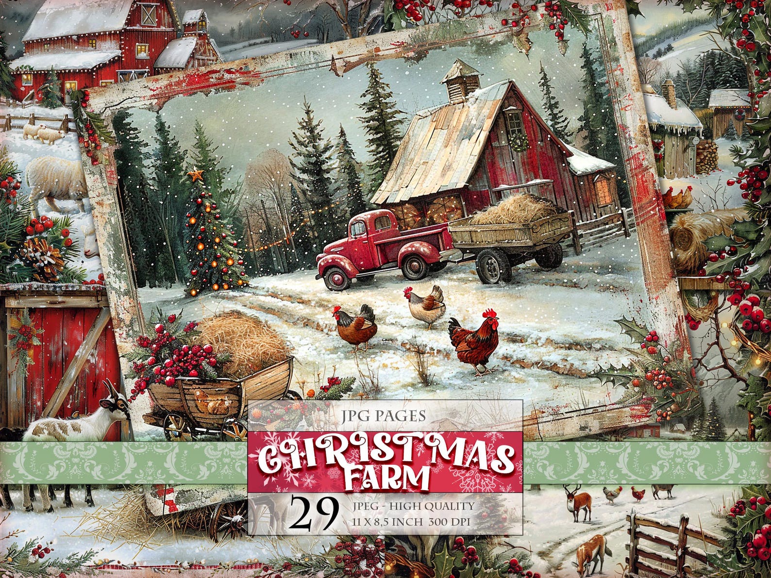 Christmas Farm, Winter Landscape, Printable Digital Scrapbook Pages ...