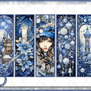 Dark Blue Bookmarks, Vintage Noel, Watercolor Digital Sheets, 2x6,5 ...