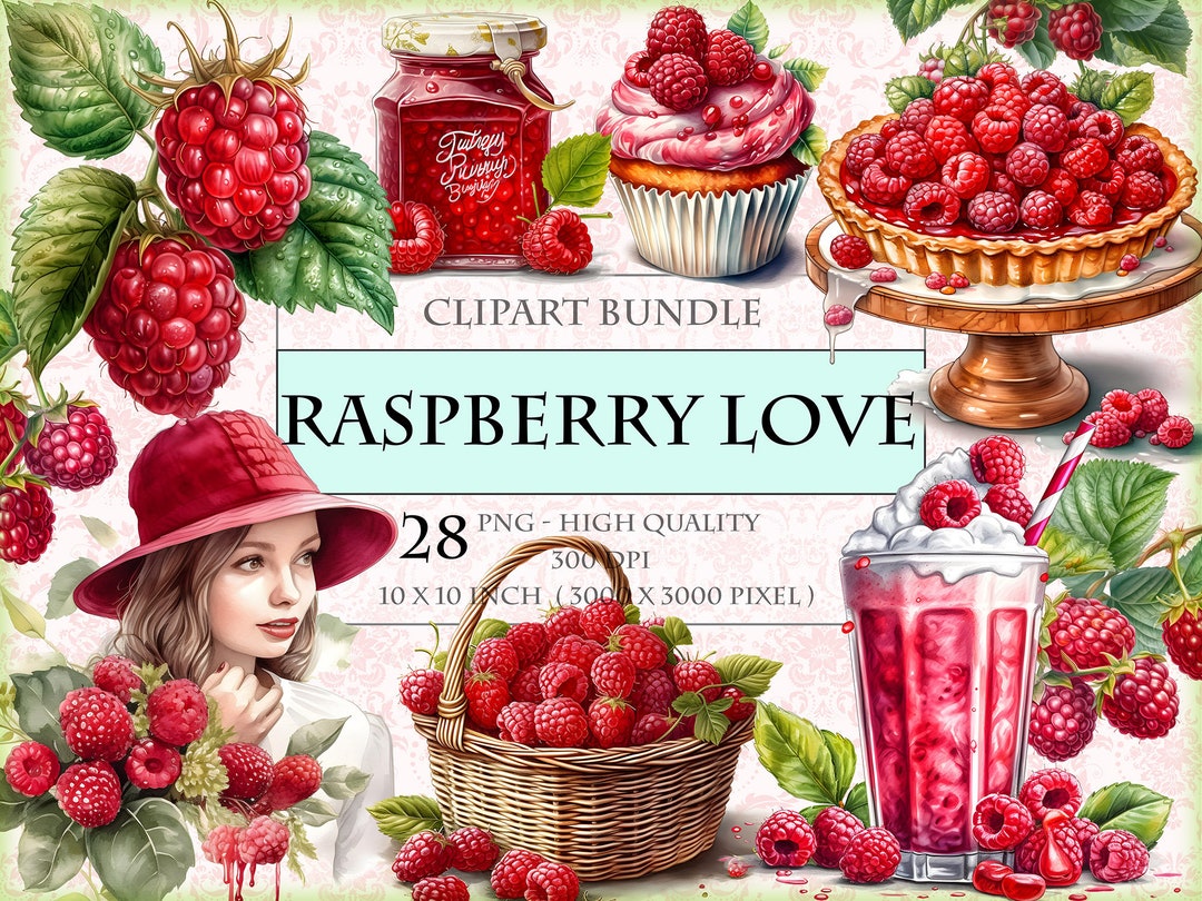 Raspberry Love Raspberry Themed Watercolor Clipart Bundle, HQ Printable ...