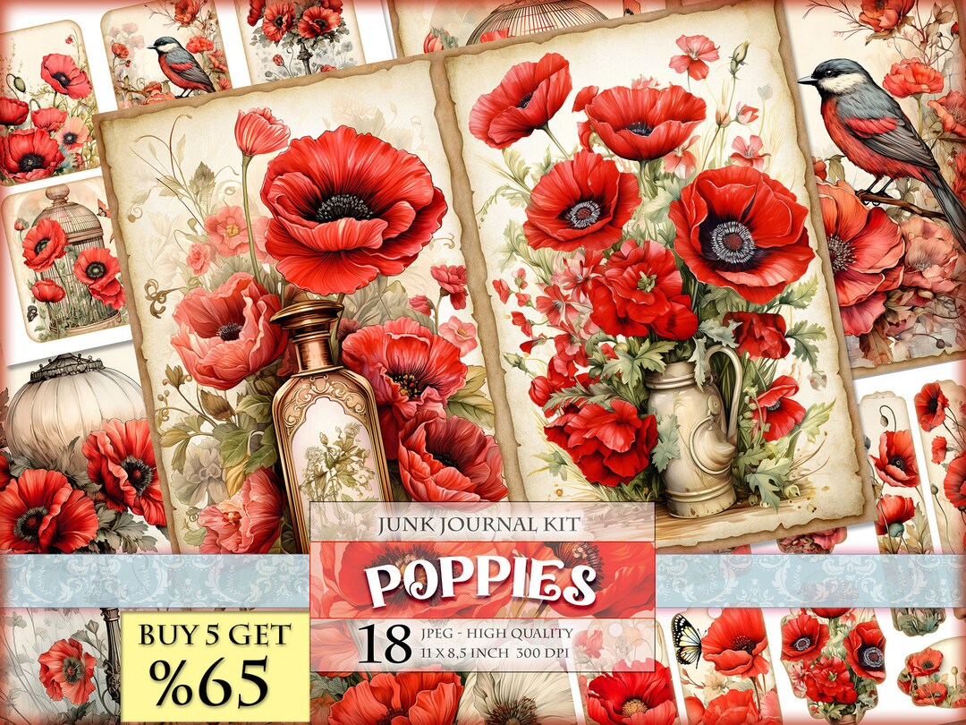 Poppies, Poppy Flower, Watercolor Floral Junk Journal Kit, 18 JPG 11X8 ...