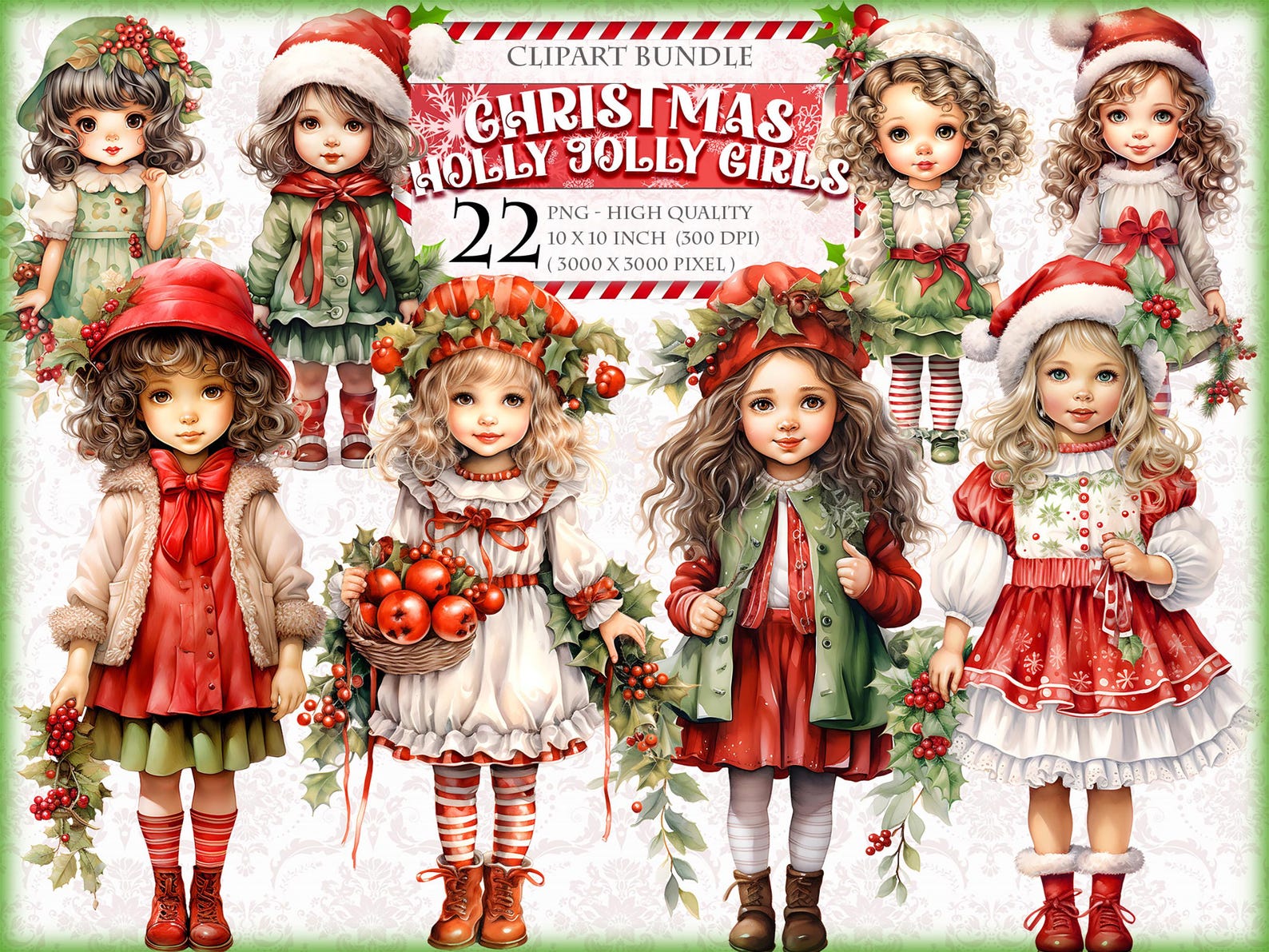 Christmas Holly Jolly Girl, Watercolor Clipart Bundle, 22 HQ Printable ...