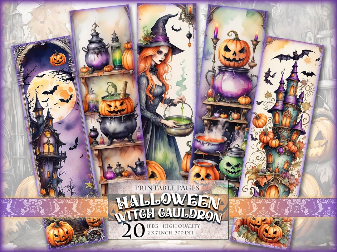 Halloween Witch Cauldron Bookmarks, Watercolor Digital Image, 2x7 Inch ...
