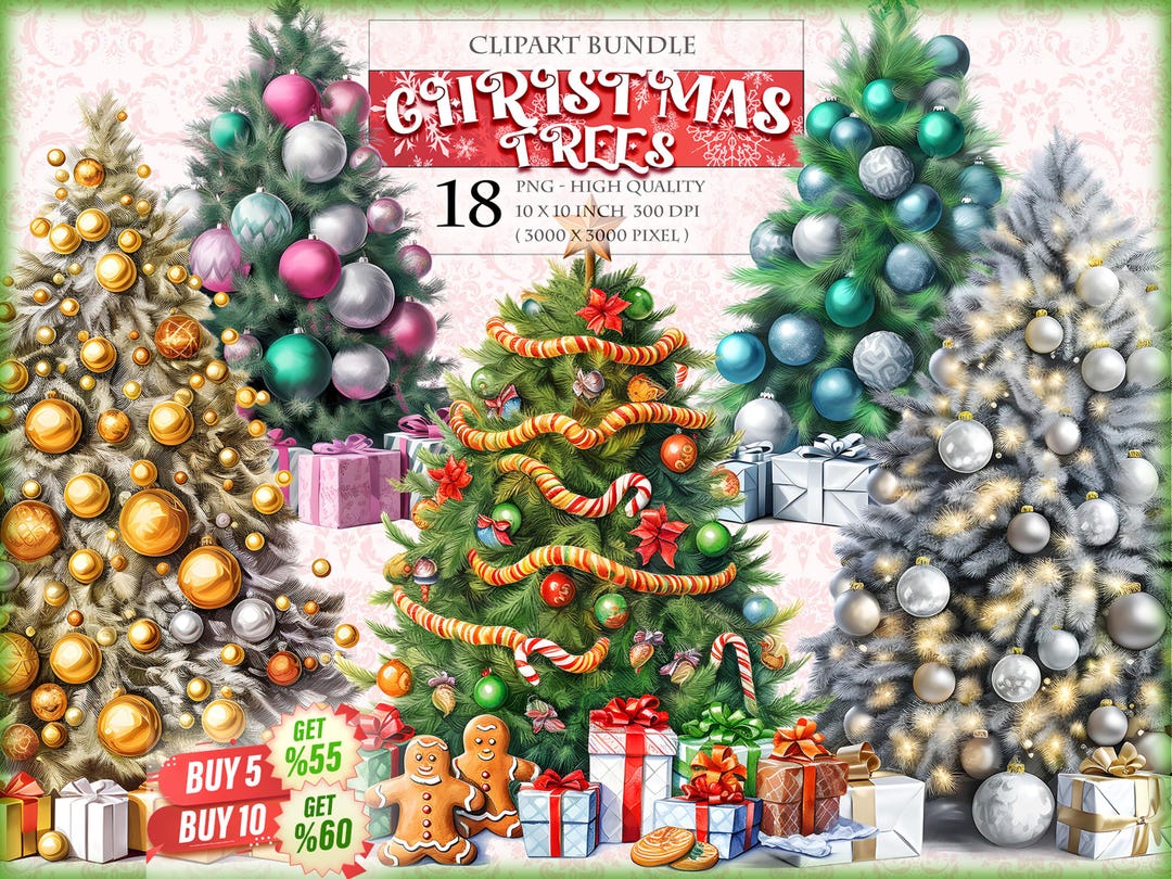 Christmas Tree, Watercolor Clipart Bundle, 18 HQ Printable Transparent ...
