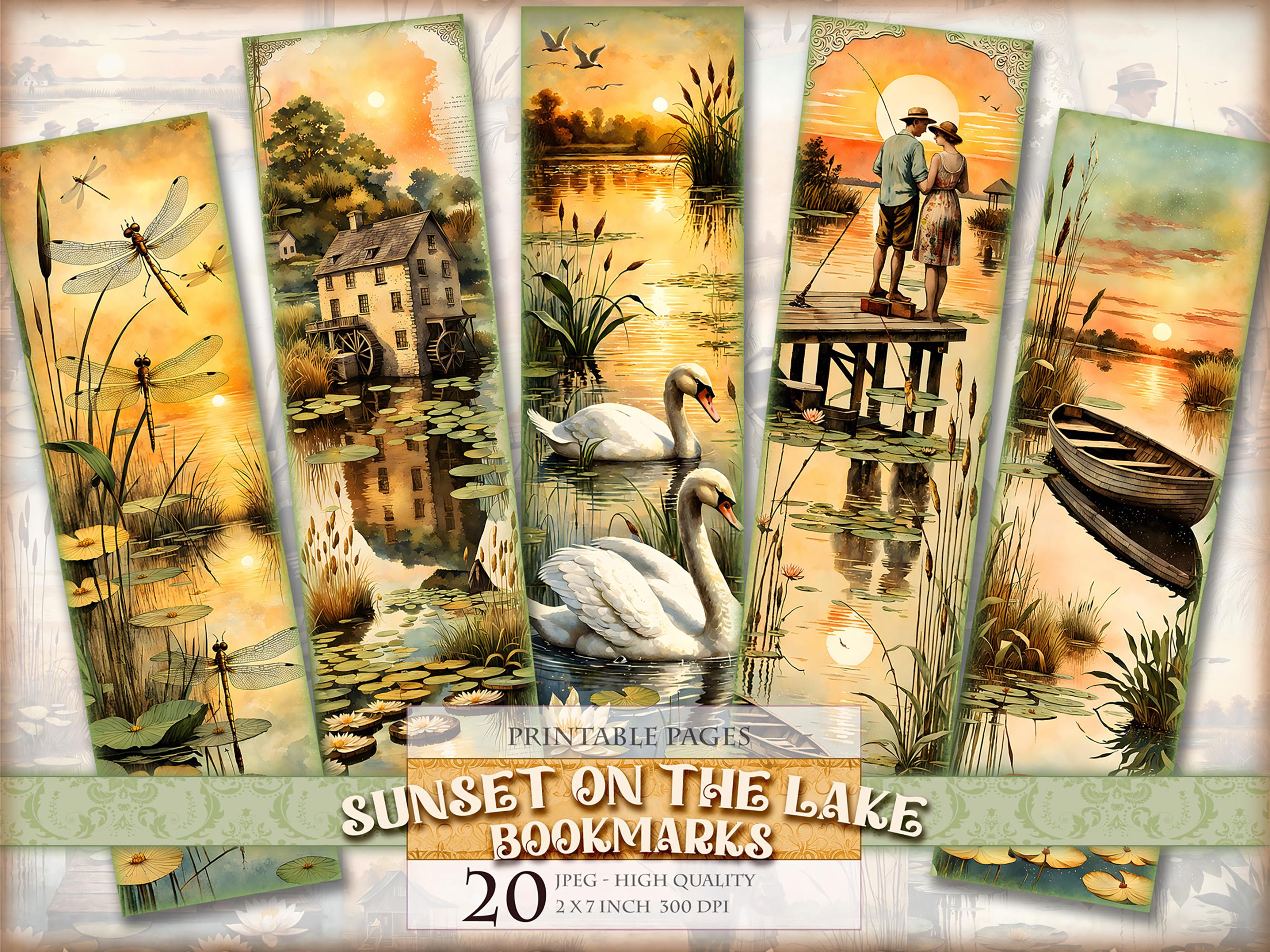 Sunset on the Lake Bookmarks, Watercolor Digital Sheets, 2x7 Inch 20 ...