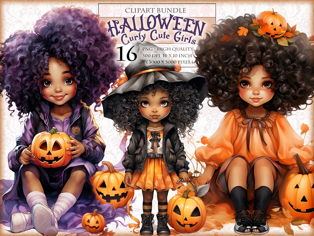 Halloween Curly Cute Girls, African American, Afro Girl, Watercolor ...