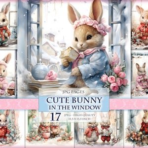 Cute Bunny in the Window, Watercolor Printable Pages, HQ 17 JPG - 13,5 ...
