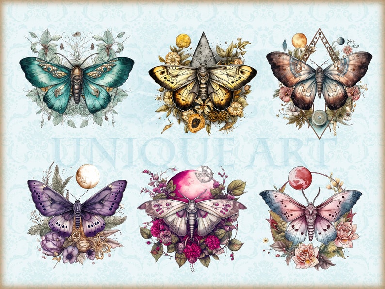Mystical Moths Watercolor Clipart Bundle HQ Printable PNG - Etsy