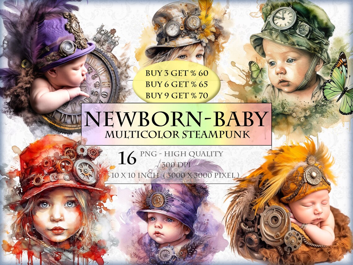 Steampunk Multicolor Baby and Newborn Watercolor Clipart - Etsy