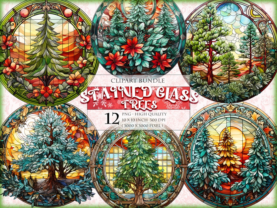 Christmas Stained Glass Trees, Watercolor Clipart Bundle, HQ Printable ...
