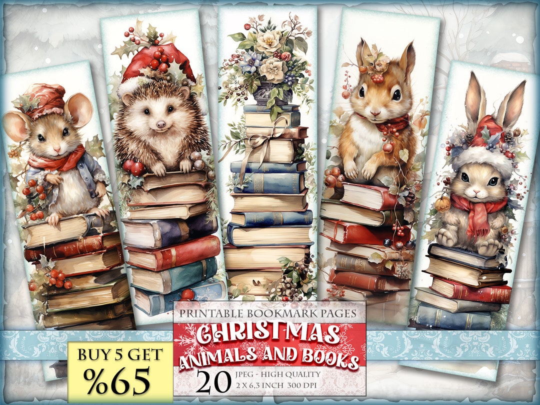 Christmas Bookmarks, Animals & Books, Watercolor Digital Sheets, 2x6,3 ...