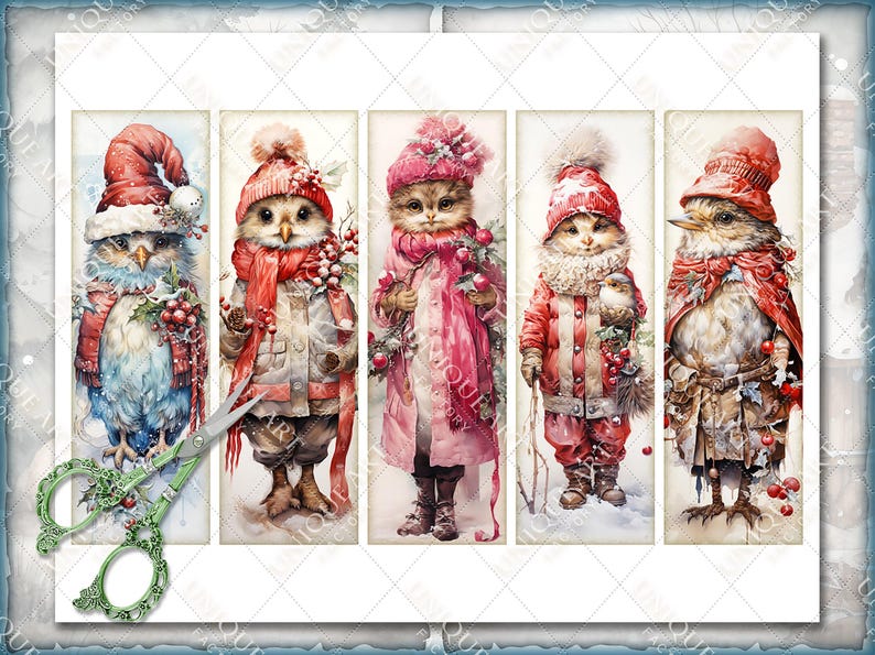 Christmas Birds Bookmark, Vintage Noel, Watercolor Digital Sheets, 2x6 ...