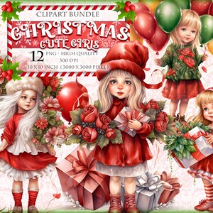 Christmas Cute Girls, Gifts and Balloons, Watercolor Clipart Bundle, HQ ...