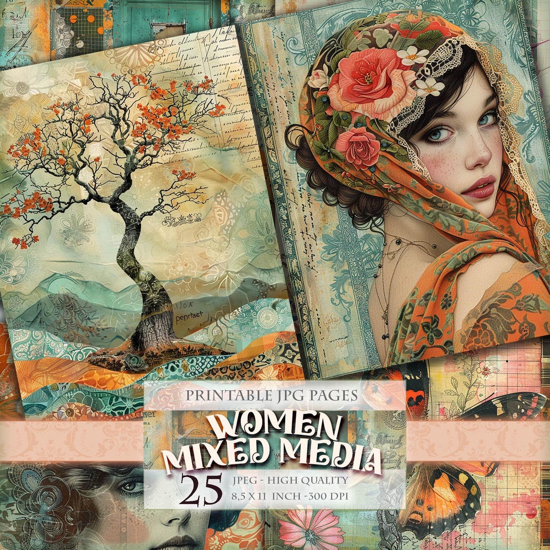Women Mixed Media, Printable 25 HQ JPG Image, Girl Portrait, Junk ...