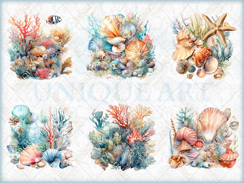 Corals and Seashells, Underwater Themed Watercolor Clipart Bundle ...