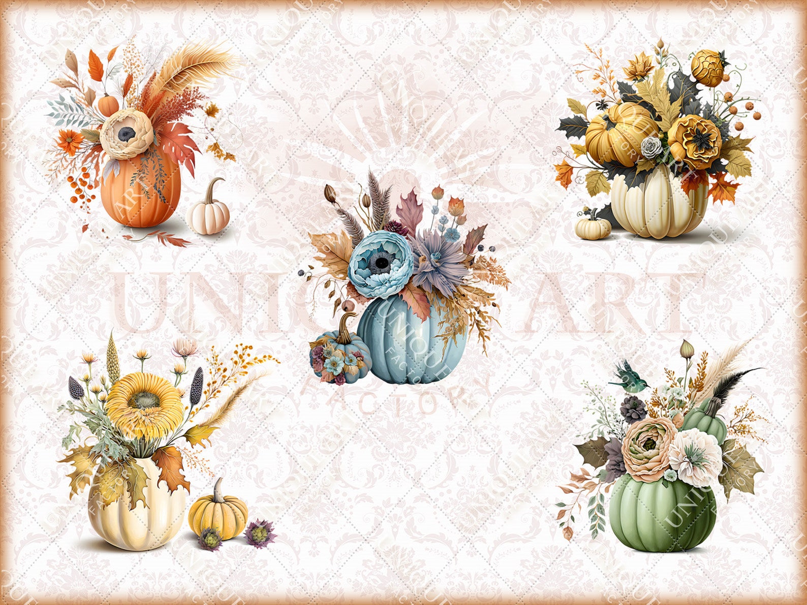 Pumpkin Floral Bouquets, Autumn, Watercolor Clipart Bundle, HQ ...