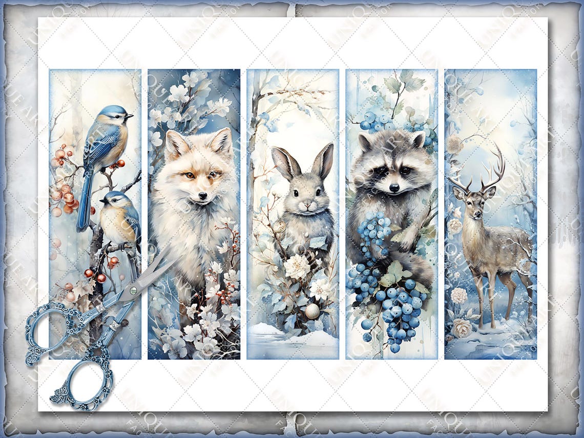Winter Animals Bookmark, Snowly Landscape, Watercolor Digital Sheets ...