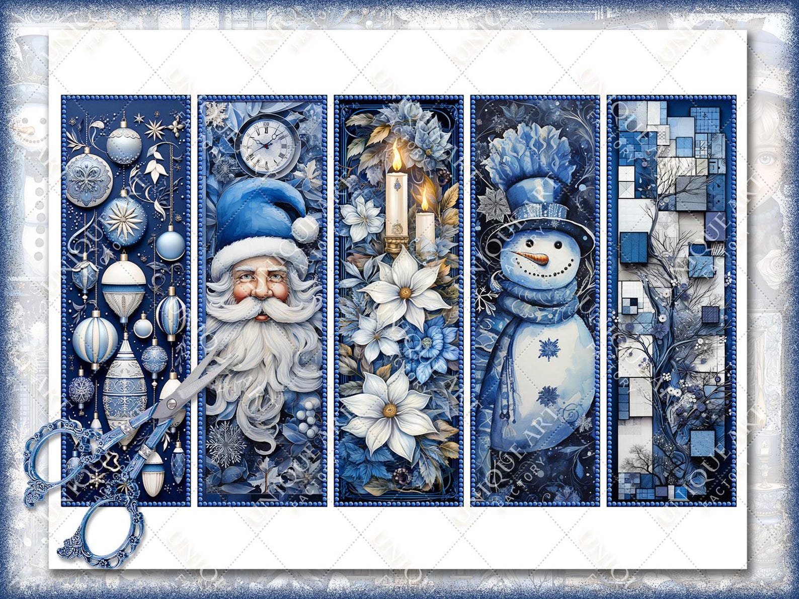Dark Blue Bookmarks, Vintage Noel, Watercolor Digital Sheets, 2x6,5 ...