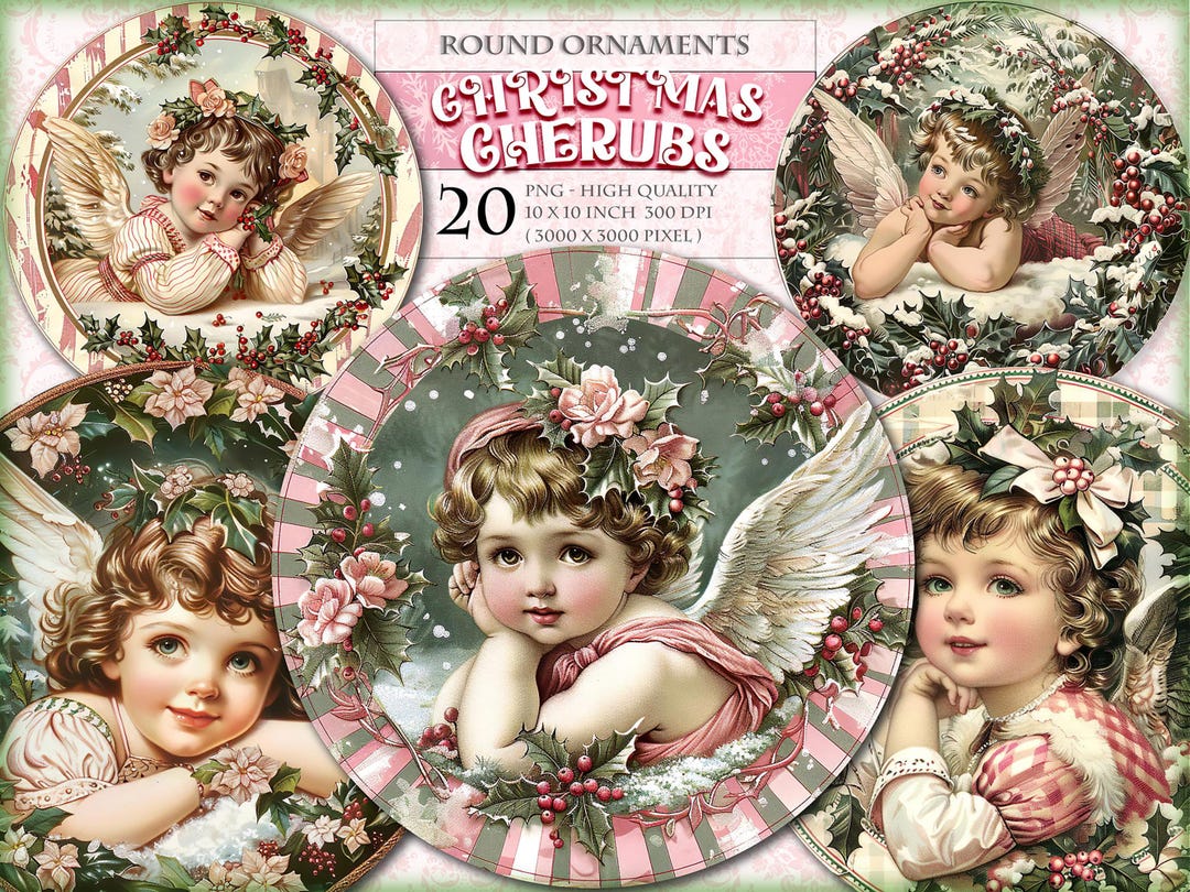 Christmas Cherubs Round Ornaments, Watercolor Clipart Bundle, 20 HQ ...