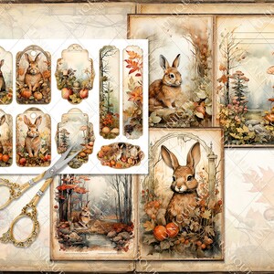 Autumn Rabbit, Fall Bunnies Watercolor Junk Journal Kit, 18 JPG 8,5X11 ...