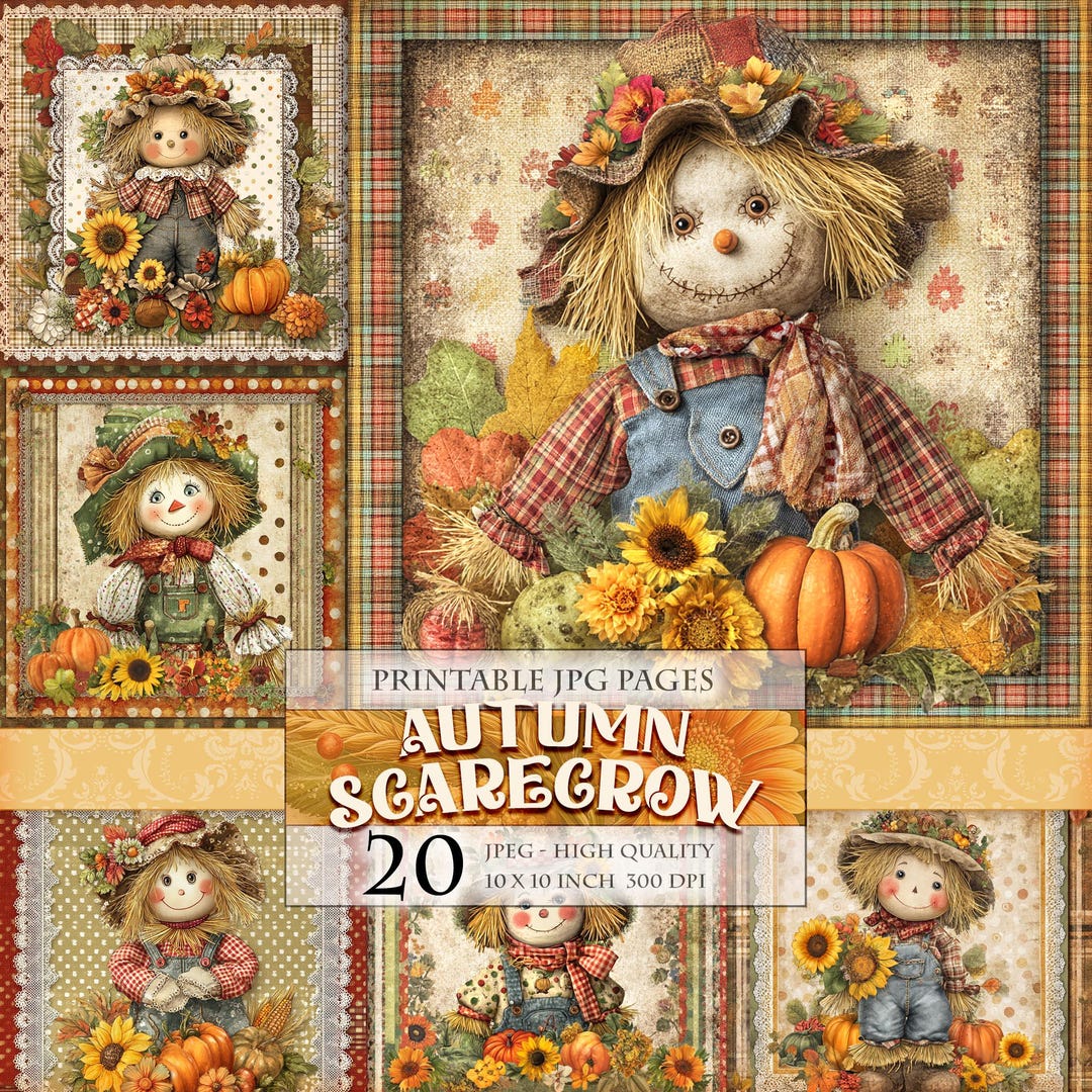 Autumn Vintage Scarecrow, Fall Image Set, Printable 20 JPG Image ...