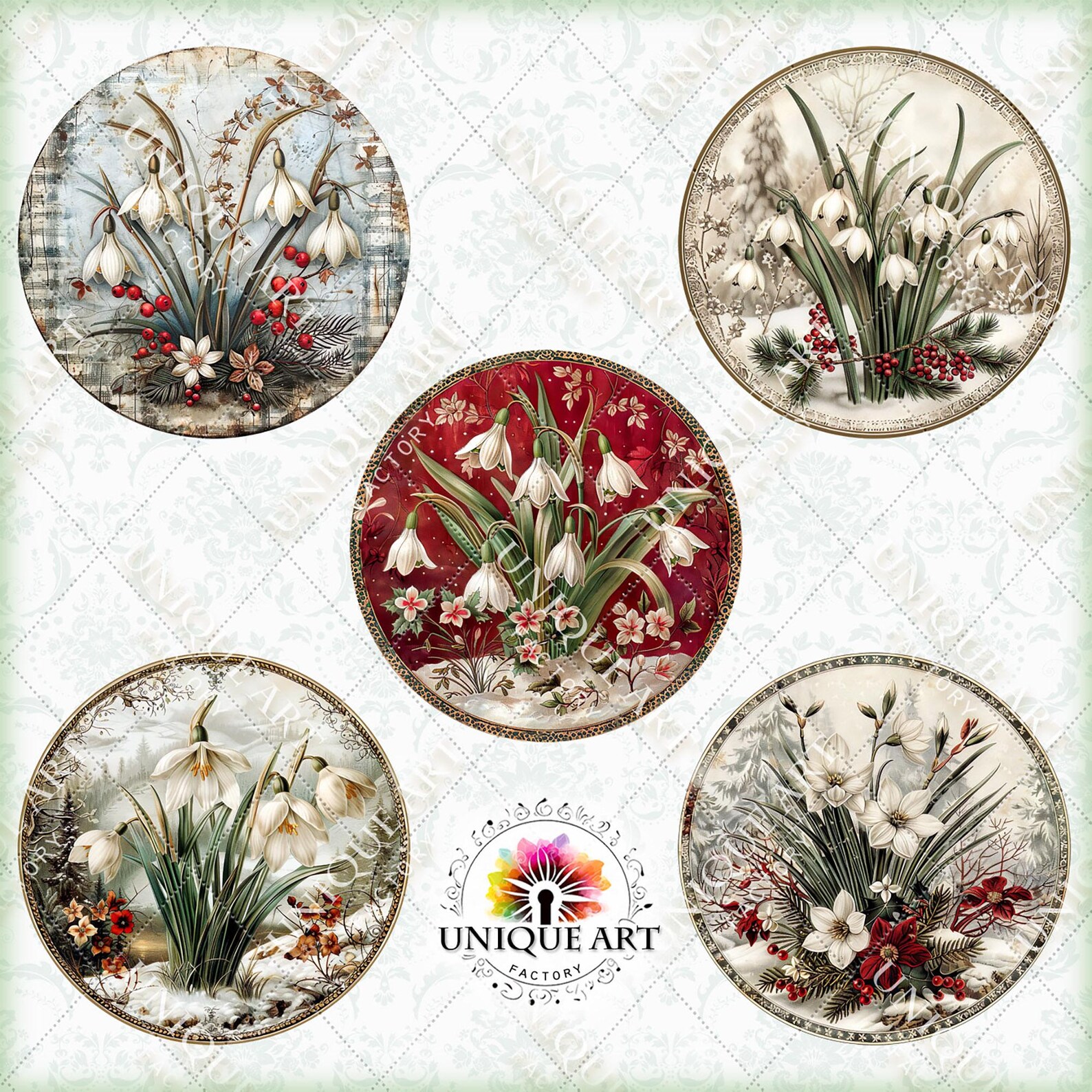 Winter Snowdrop Round Ornaments, Watercolor Clipart Bundle, 12 HQ ...