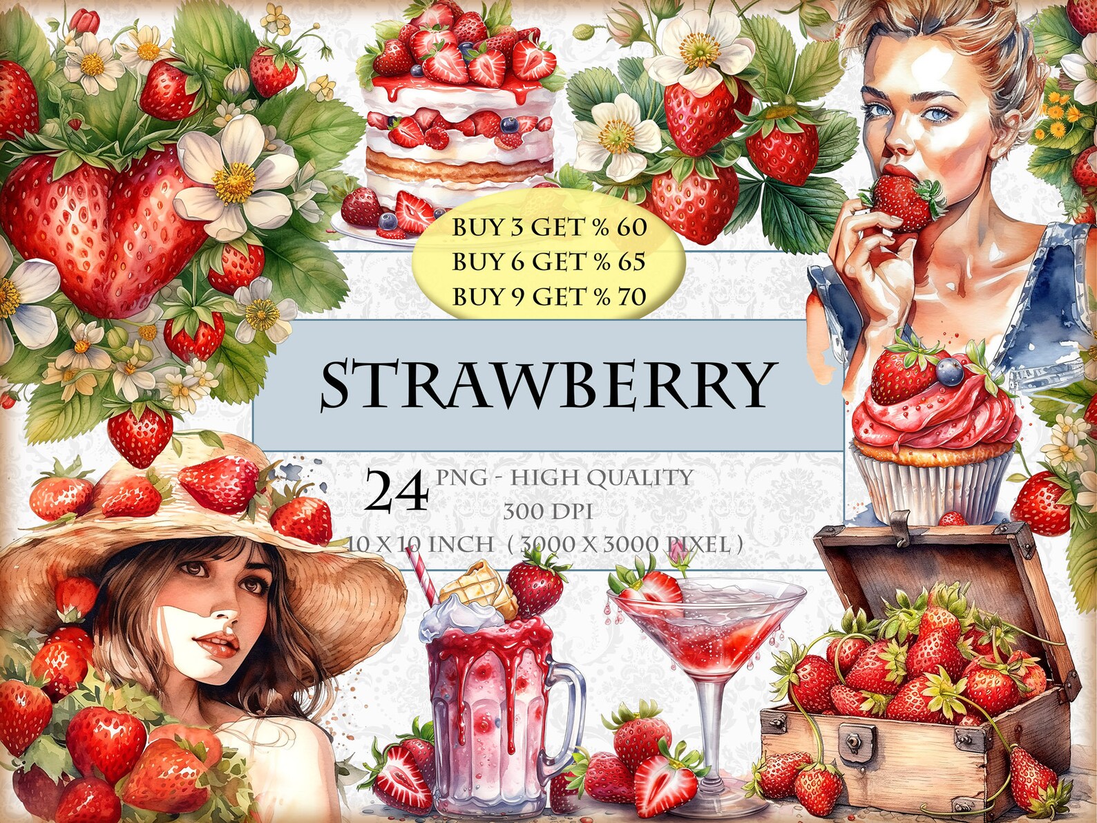 Strawberry Watercolor Clipart Bundle HQ Printable PNG - Etsy