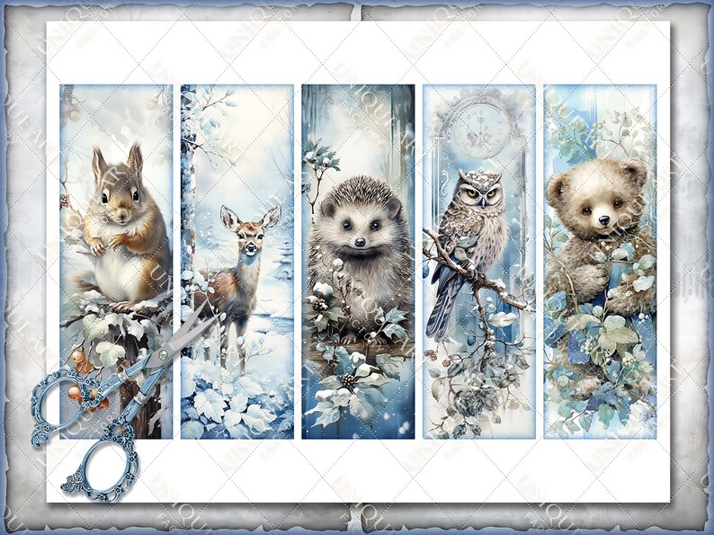 Winter Animals Bookmark, Snowly Landscape, Watercolor Digital Sheets ...