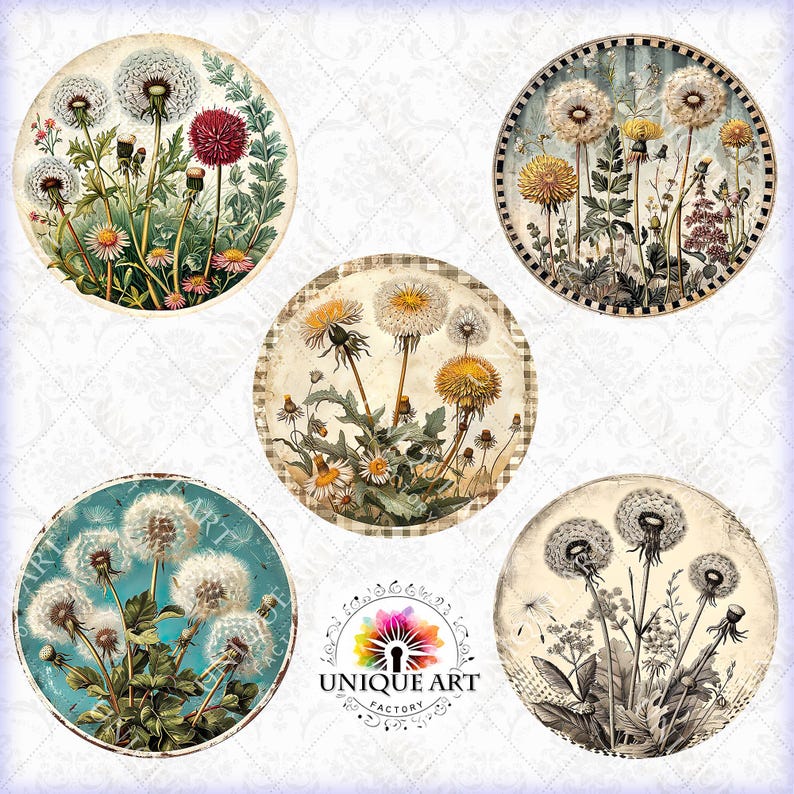 Vintage Dandelion Round Clipart, Printable 20 PNG Image, Circle ...