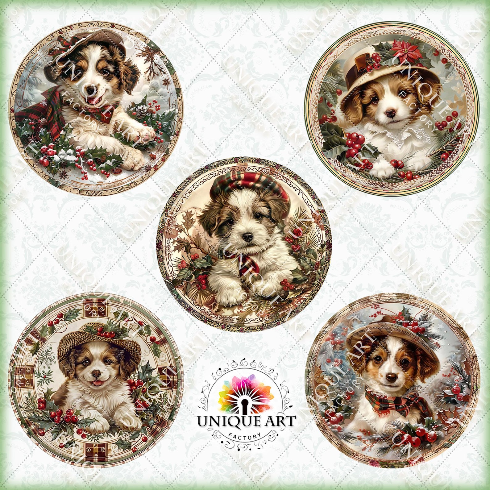 Christmas Cute Puppy Round Ornaments, Watercolor Clipart, Printable 25 ...