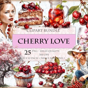 Cherry Love Cherry Themed Watercolor Clipart Bundle, HQ Printable PNG ...