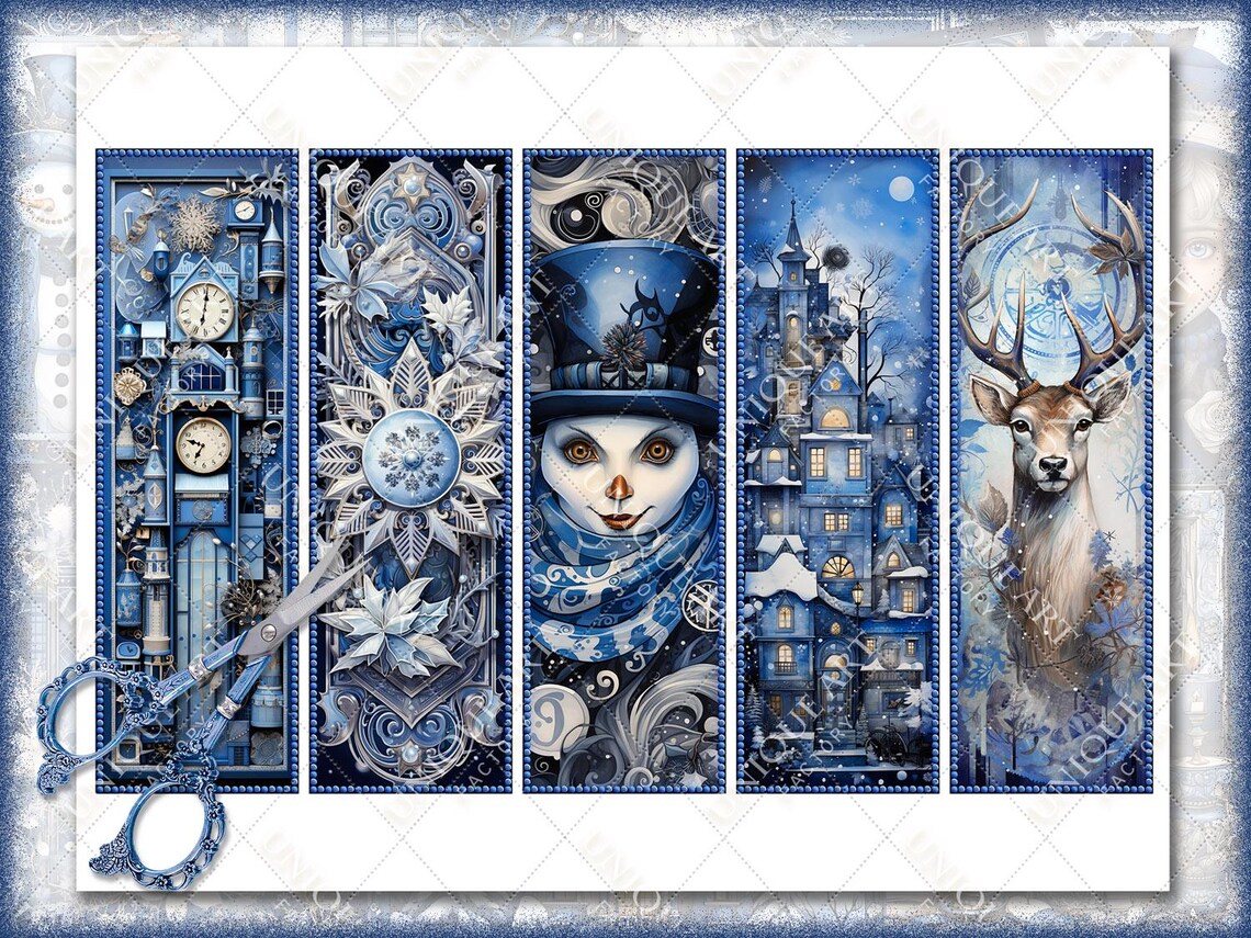 Dark Blue Bookmarks, Vintage Noel, Watercolor Digital Sheets, 2x6,5 ...