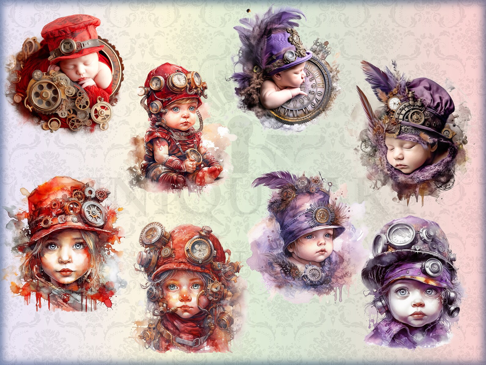 Steampunk Multicolor Baby and Newborn Watercolor Clipart - Etsy